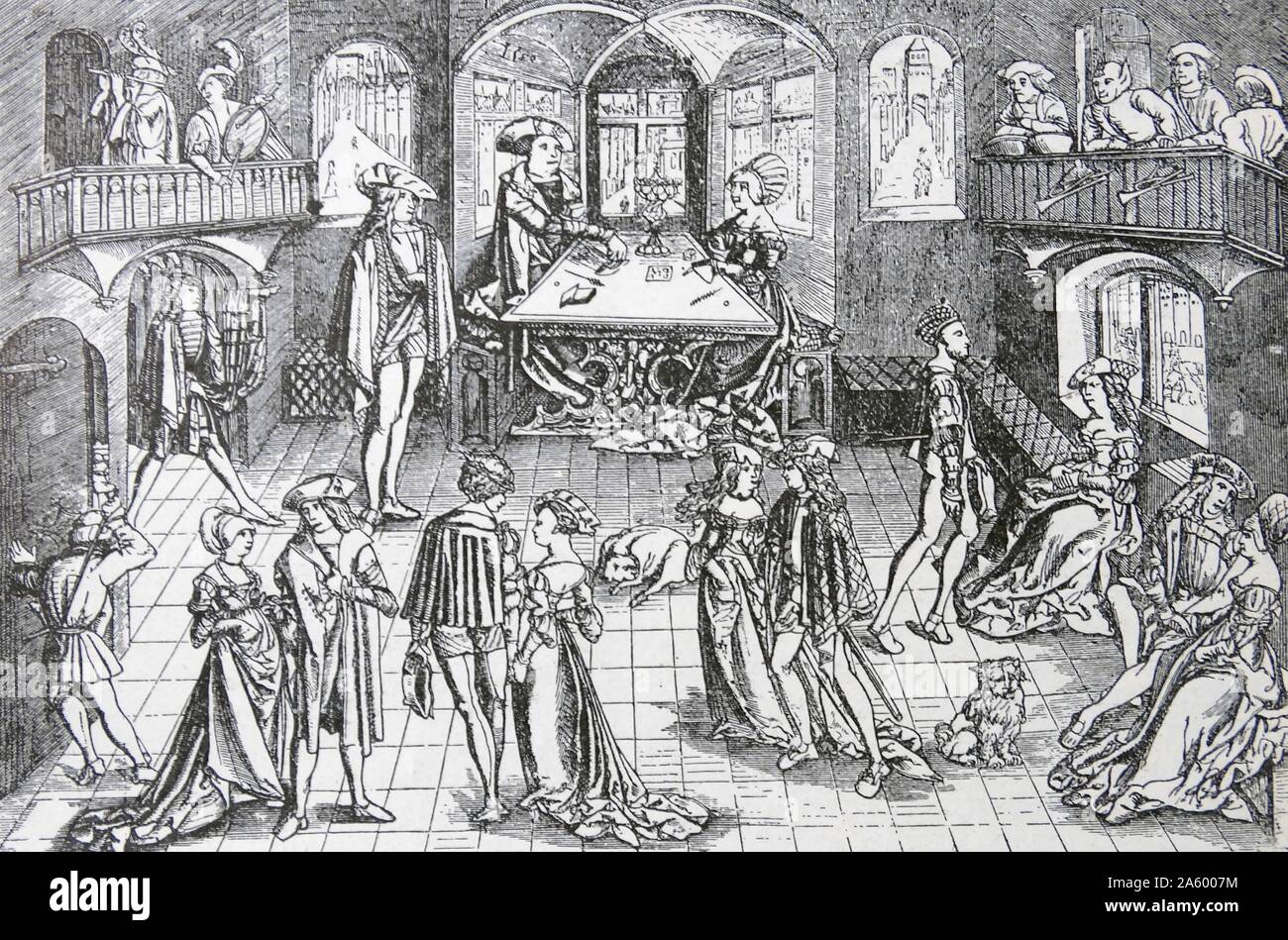 Engraving depicting a court ball in Munich during the 16th Century ...