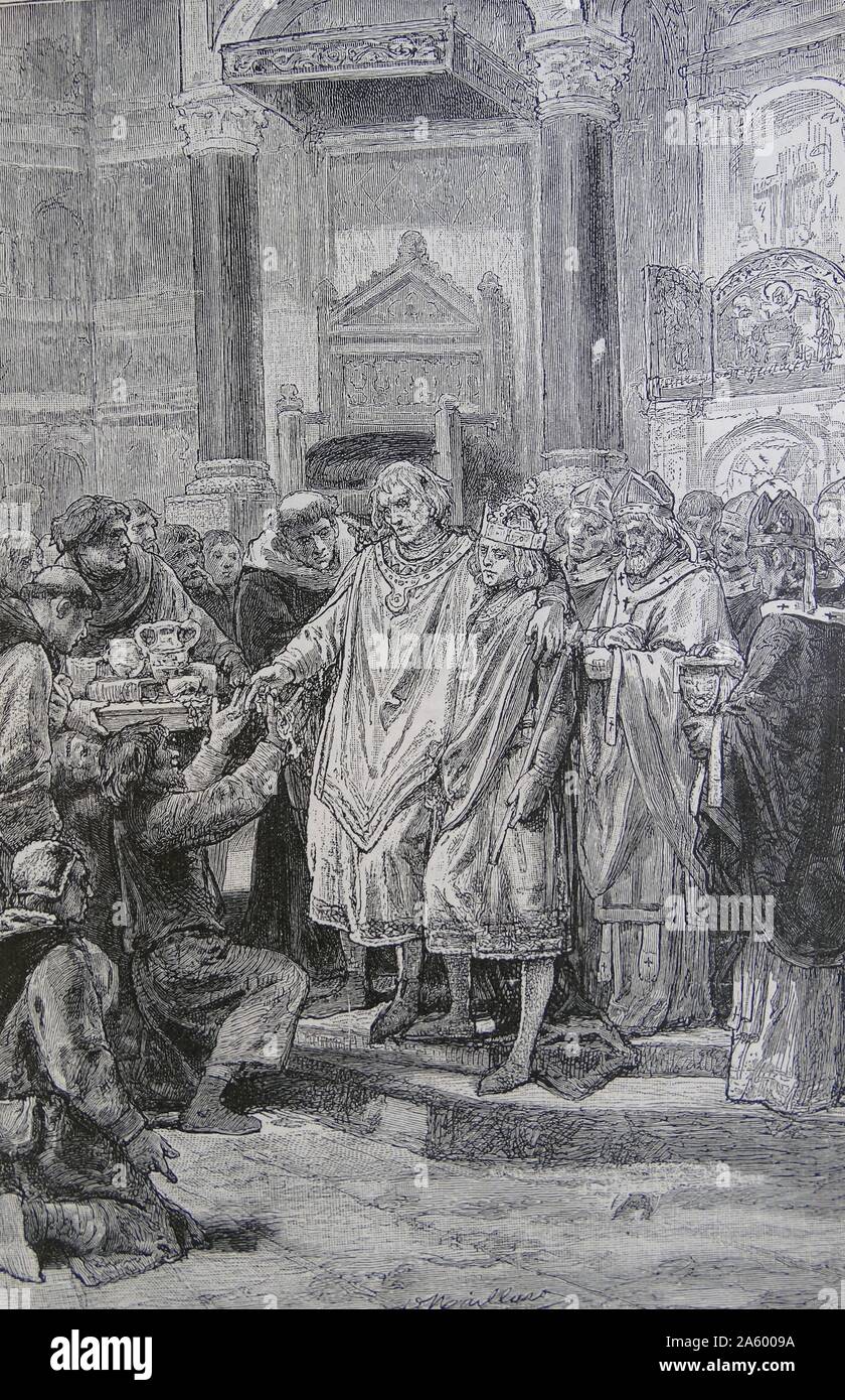 Engraving depicting King Louis VII of France (1120-1180) distributing ...