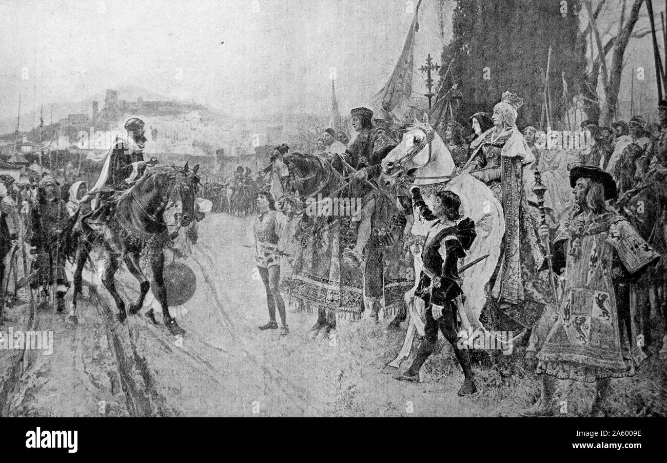 Engraving depicting the conquest of the last Moorish Kingdom in Spain ...