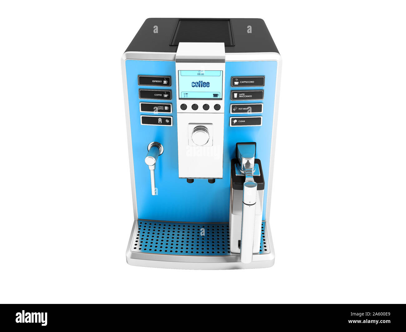 Modern blue coffee machine with milk dispenser on one cup front view 3d ...