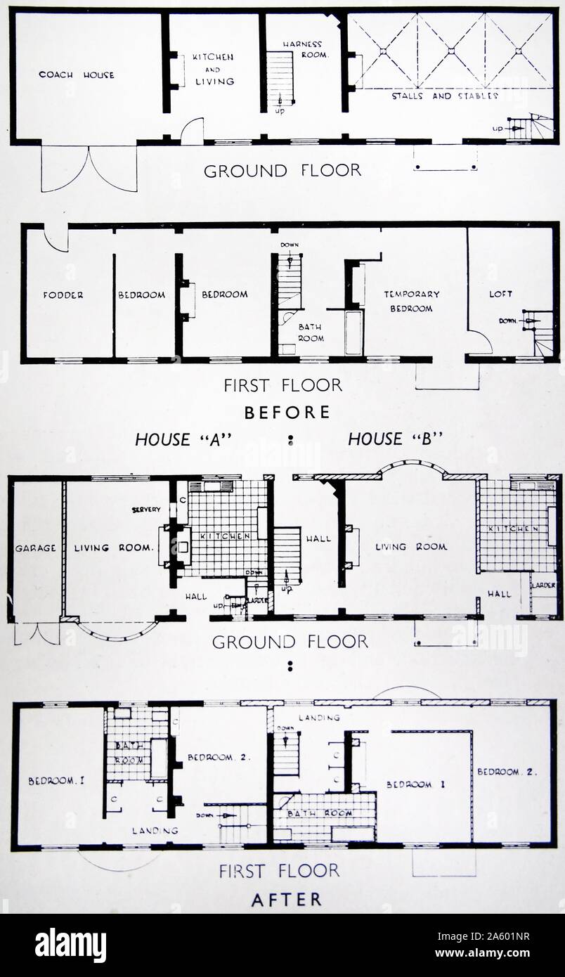 Floor plan of adjoined houses with stables and a coach house Stock ...