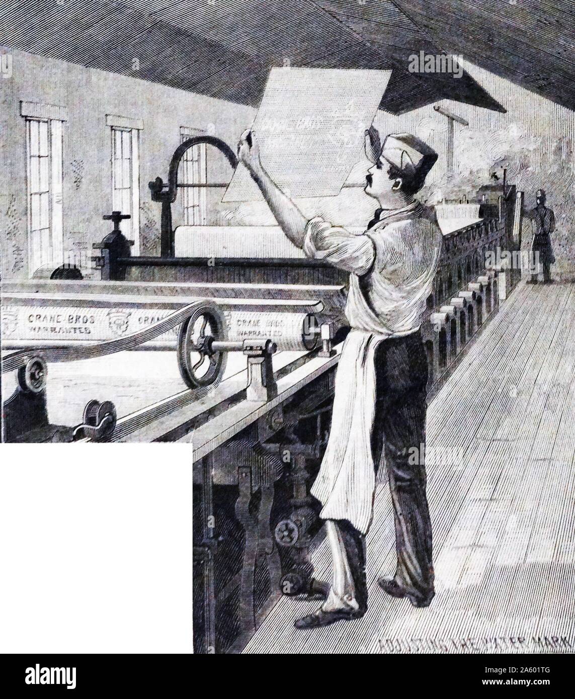 Engraving depicting a man managing a water mark machine Stock Photo - Alamy