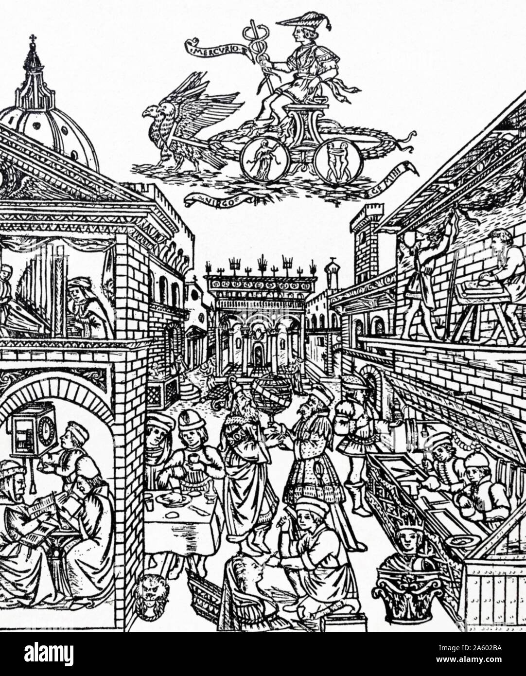 Engraving depicting arts and crafts in Florence during the 14th Century ...