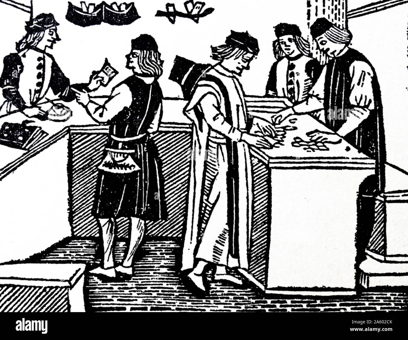 Woodcut depicting bankers from a 15th Century tract Stock Photo - Alamy