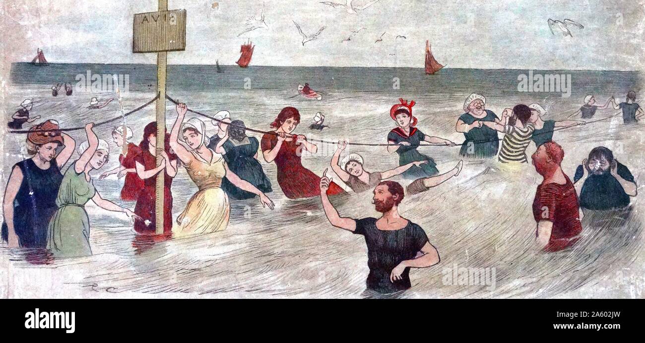 Illustration of French bathers in the sea off the coast in the South of ...