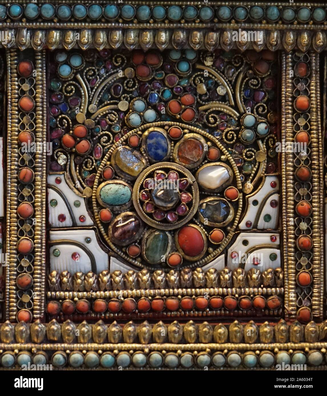 Altar screen of metal, set with bone, shell, precious and semi-precious ...