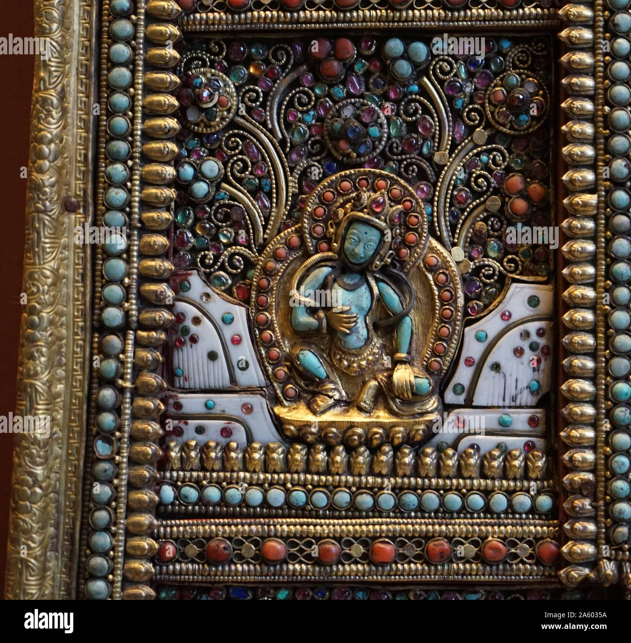 Altar screen of metal, set with bone, shell, precious and semi-precious ...