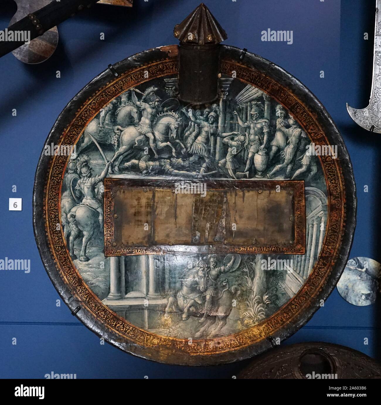 Wooden parade shield. Painted on the inside in grisalle, depicting the ...