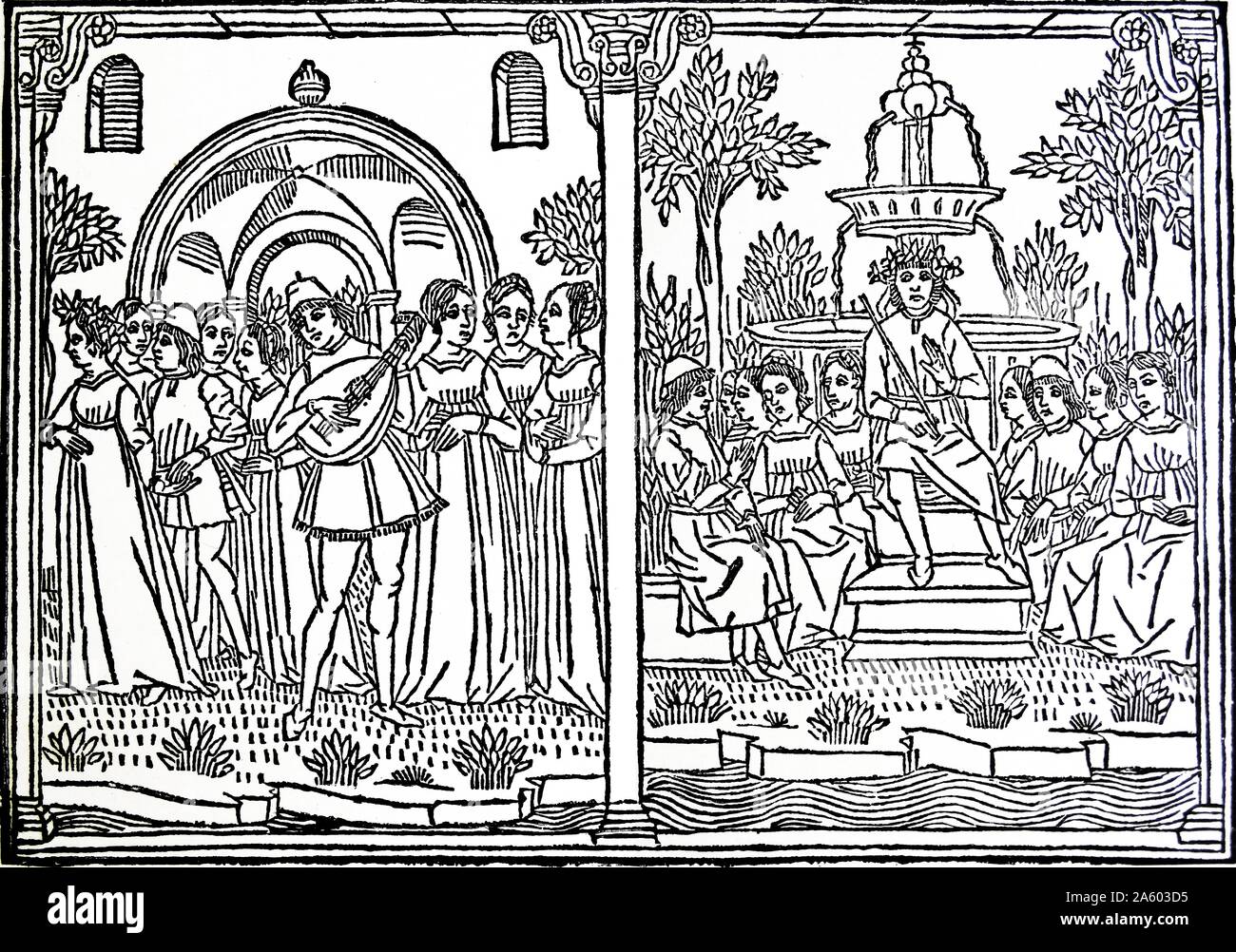 woodcut depicting a scene from The Decameron written by Giovanni ...