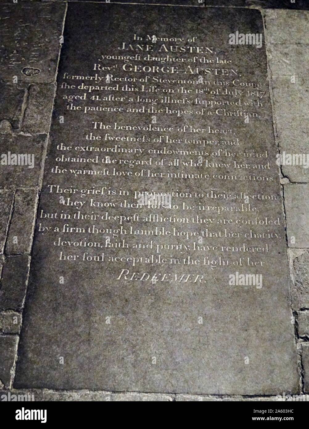 Tombstone of Jane Austen at Winchester Cathedral. Jane Austen (1775 ...