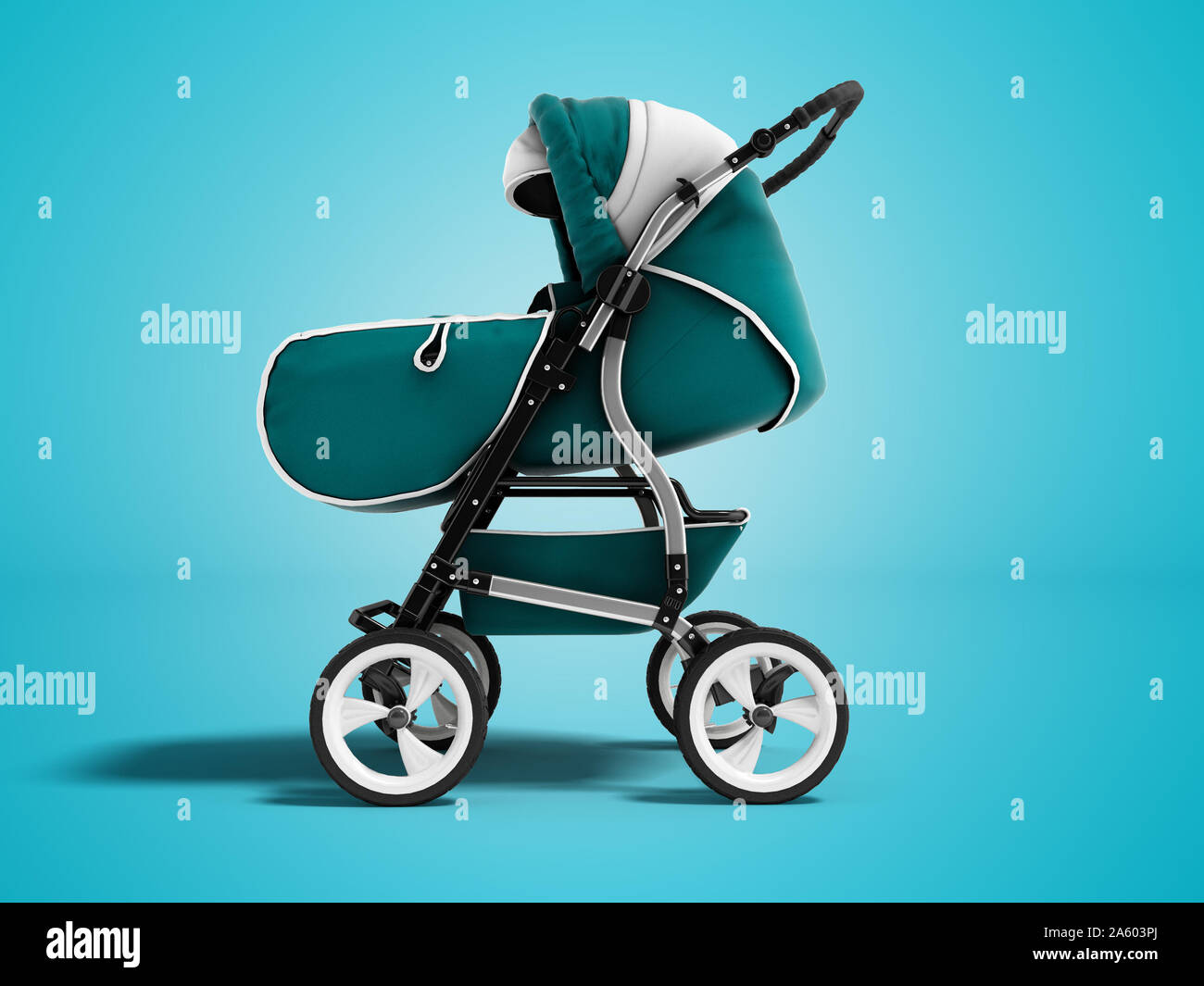 Modern blue baby stroller transformer all-season 3d render on blue ...