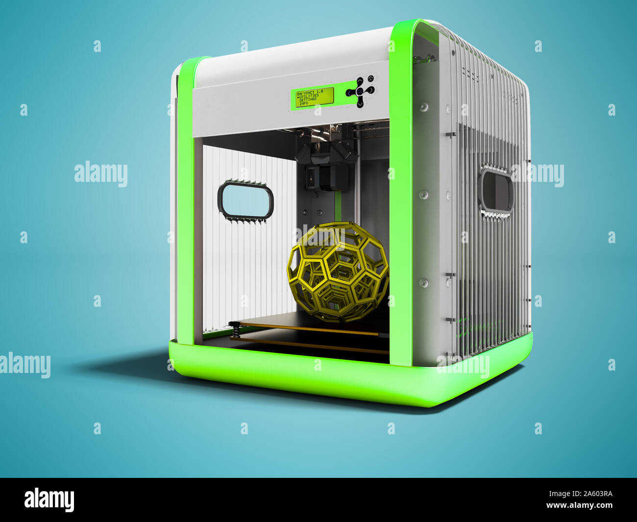 Modern gray 3d printer with green geometric figure inside for home use ...