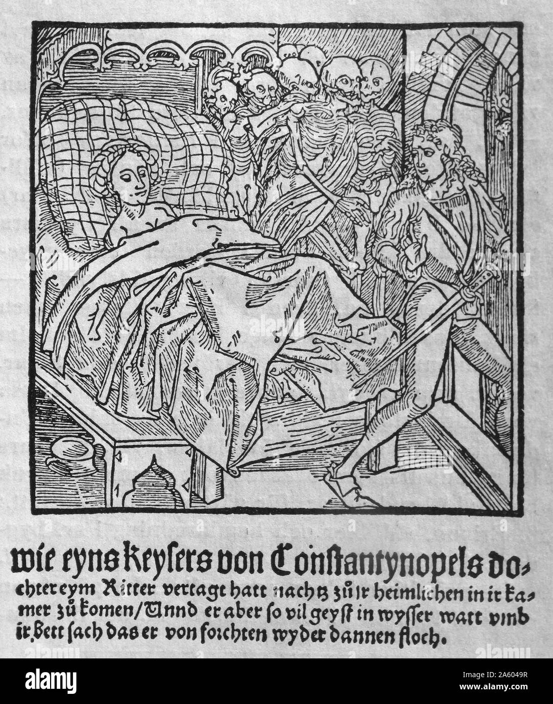 Woodblock print of a woman lying on her death bed. Dated 17th Century ...