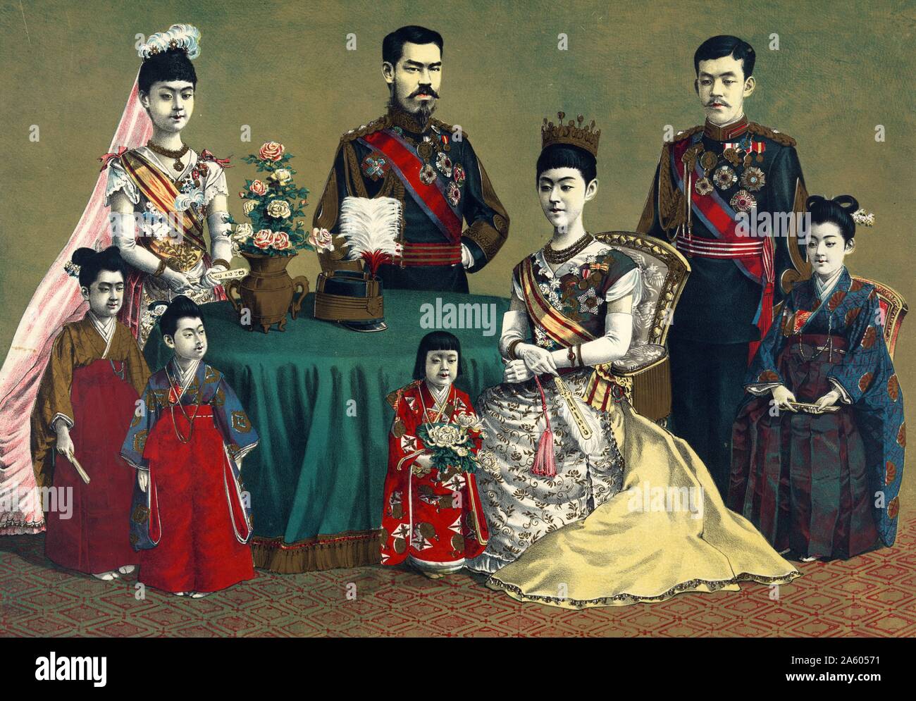 The Japanese imperial family by Torajiro Kasai 1900. Print shows a group portrait of Meiji ...