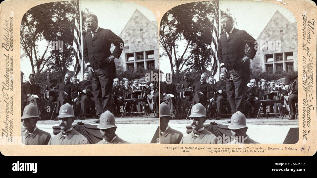 U.S President Theodore Roosevelt speaking at a political rally. 1902 ...