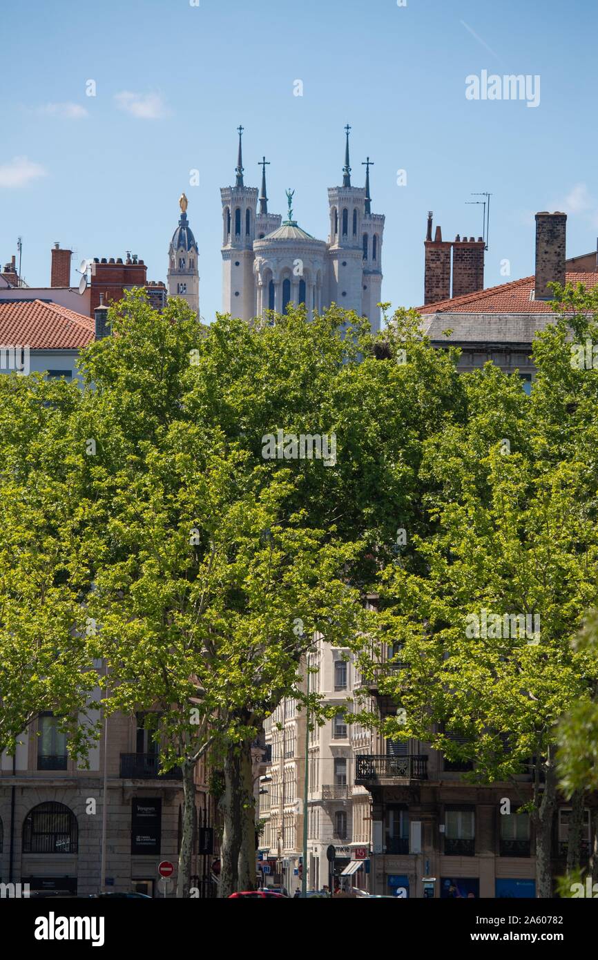 France, Rhône, Lyon, view over the Basilica of Notre-Dame de Fourvière ...