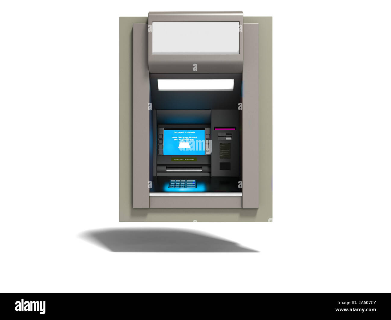 Modern ATM included with blue screen 3d render on white background with ...