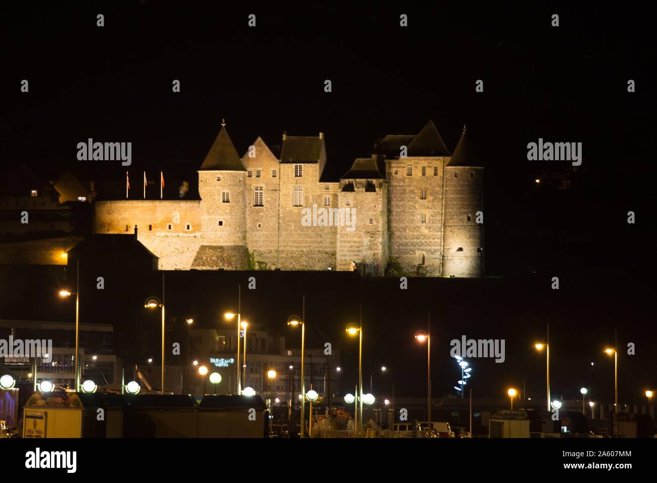 France, Pays de Caux, Dieppe, castle at night, beach, seafront Stock ...