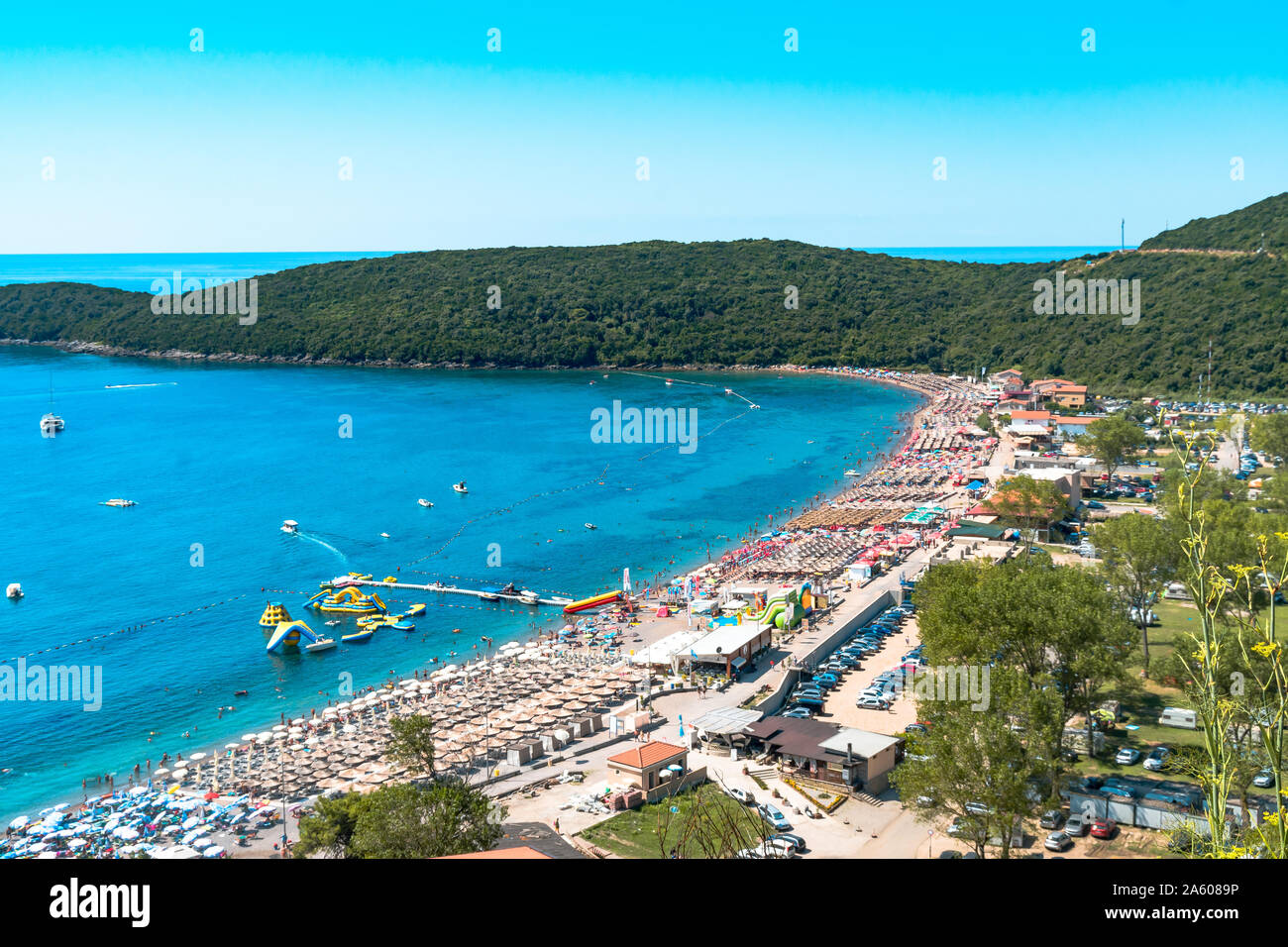 Panoramic view of Jaz Beach in Budva. One of the most popular beach on ...