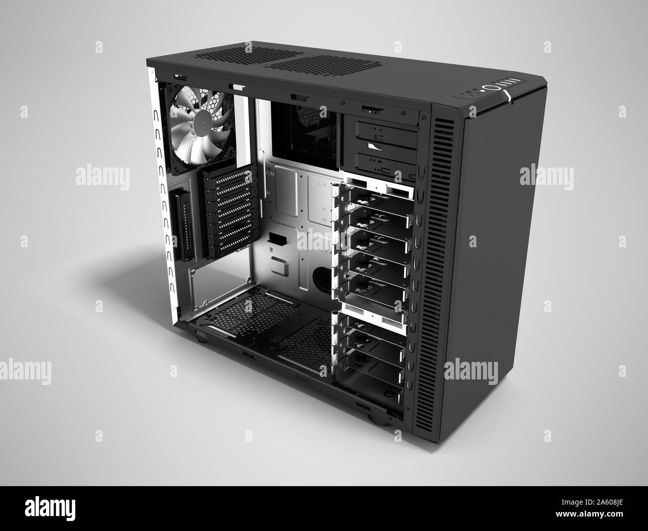 Modern metal black system unit empty for computer assembly 3d render on ...