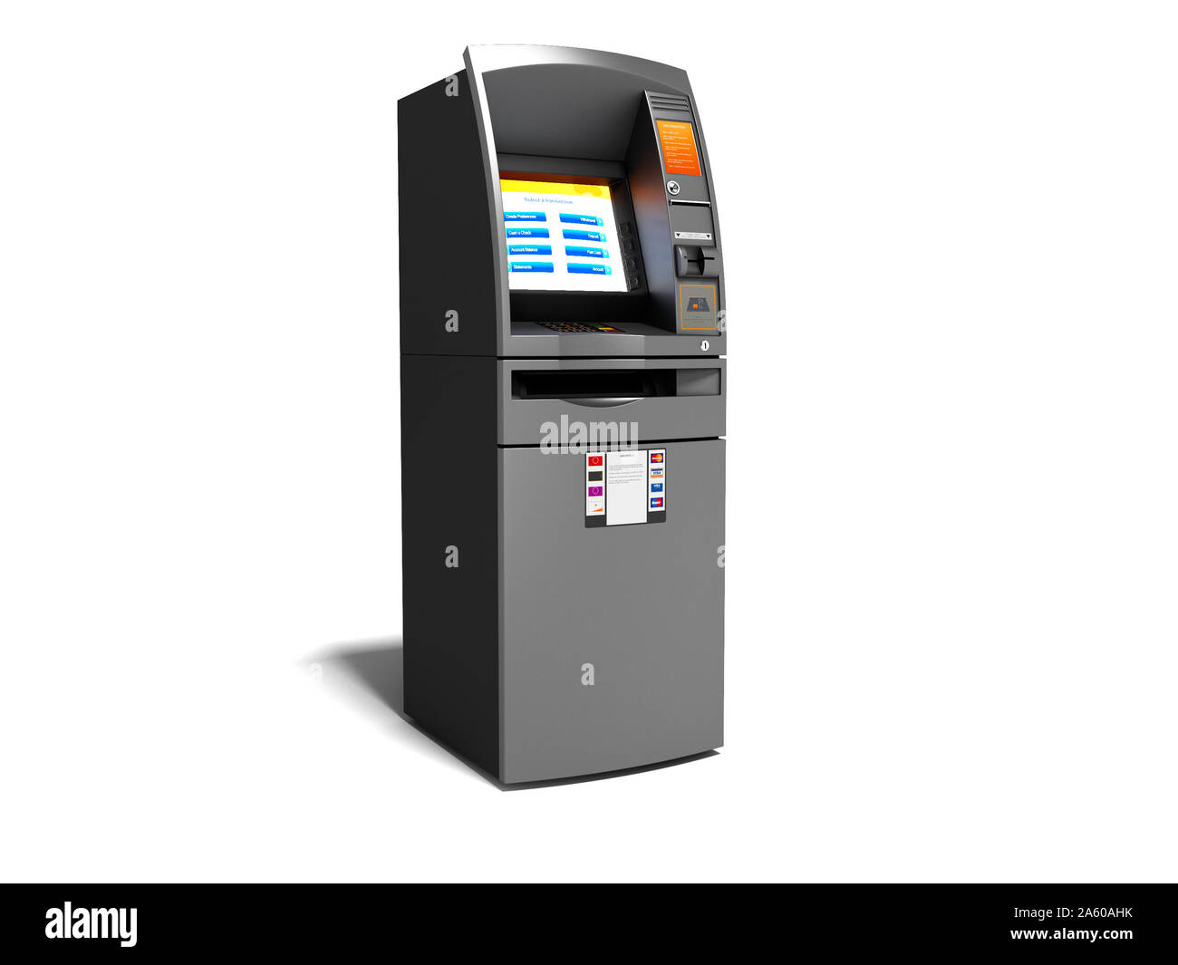 Modern ATM included for electronic money transfer 3d render on white ...