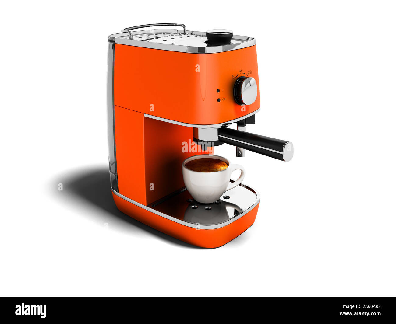 Modern orange coffee machine for one cup of latte coffee isolated 3d ...