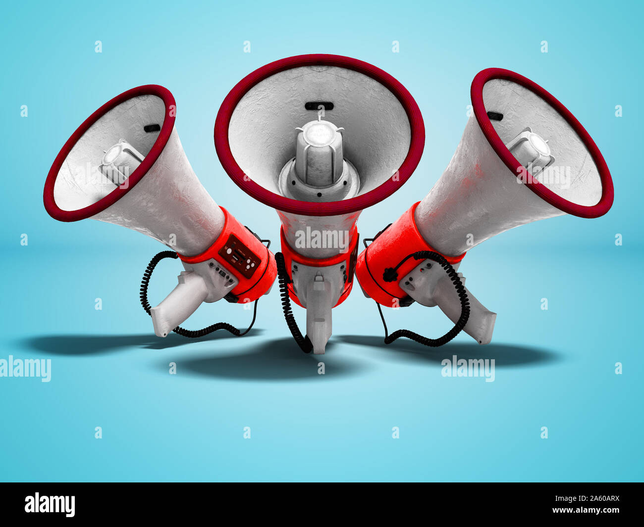 Modern red portable loudspeaker raised up for speech 3d render on blue ...