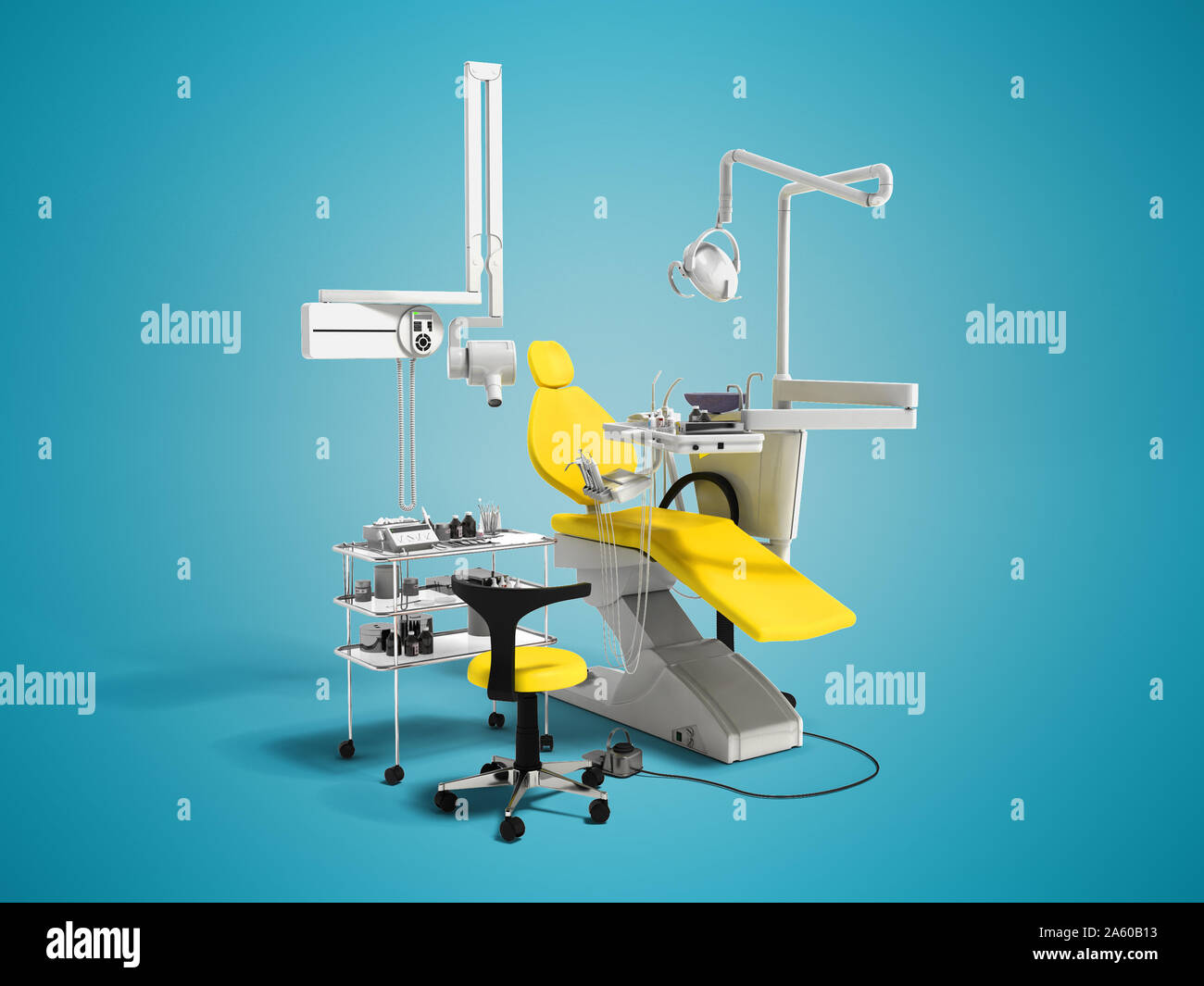 Modern yellow dental equipment for dental treatment 3d render on blue ...