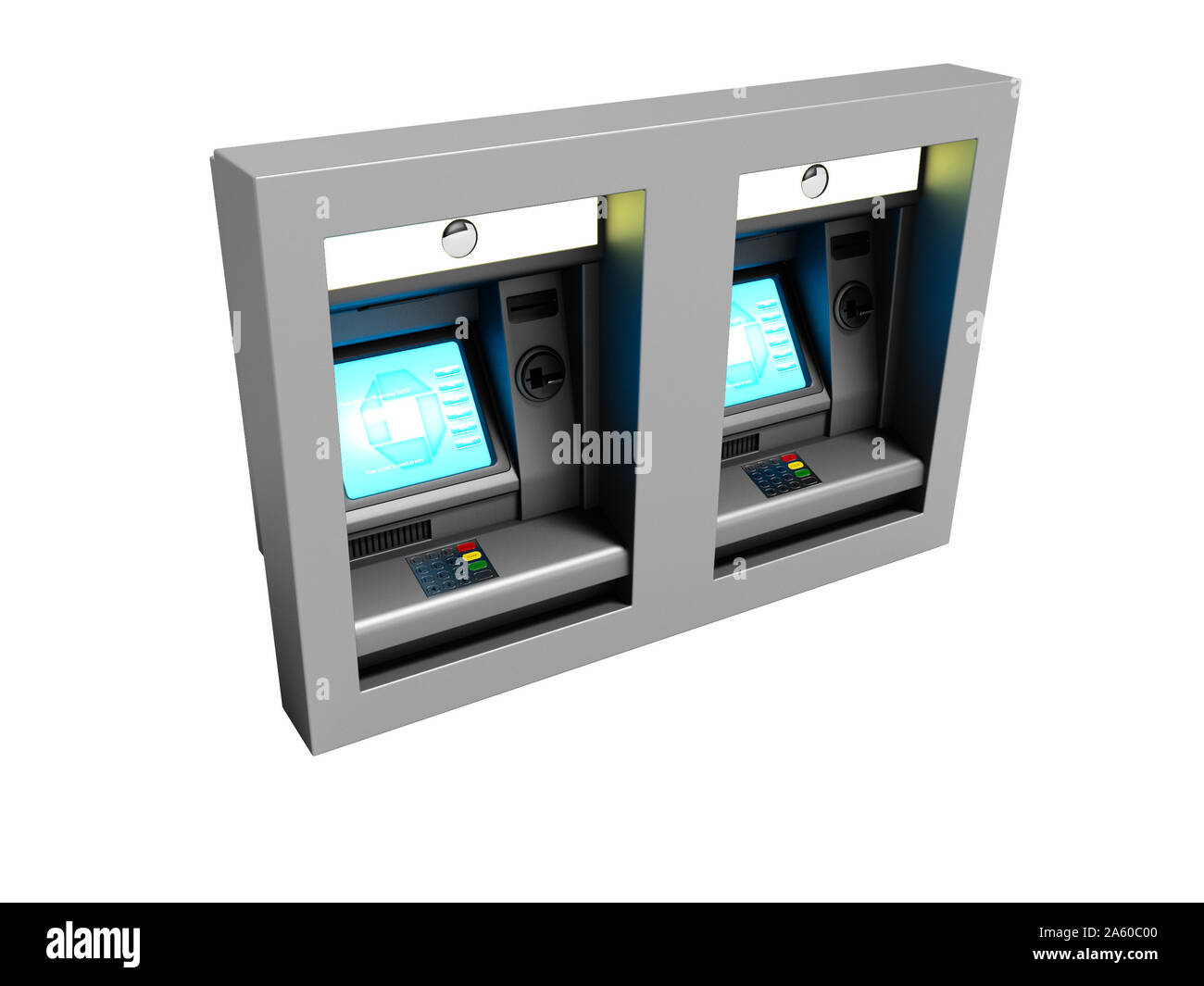 Modern dual ATM included for electronic money transfer 3d render on ...