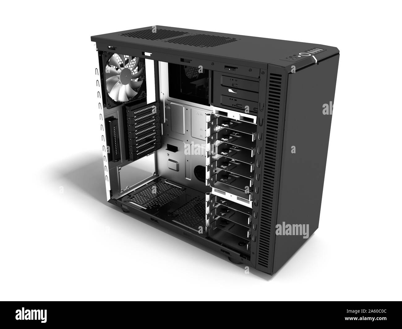 Modern metal black system unit empty for computer assembly 3d render on ...