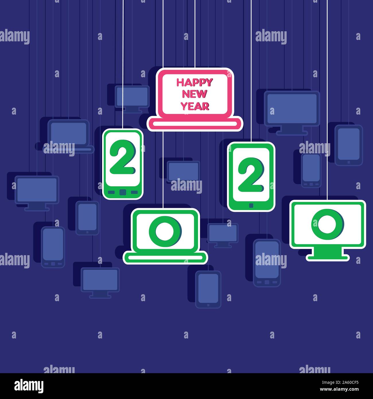 Happy new year 2020 card design, using with technology gadget ...