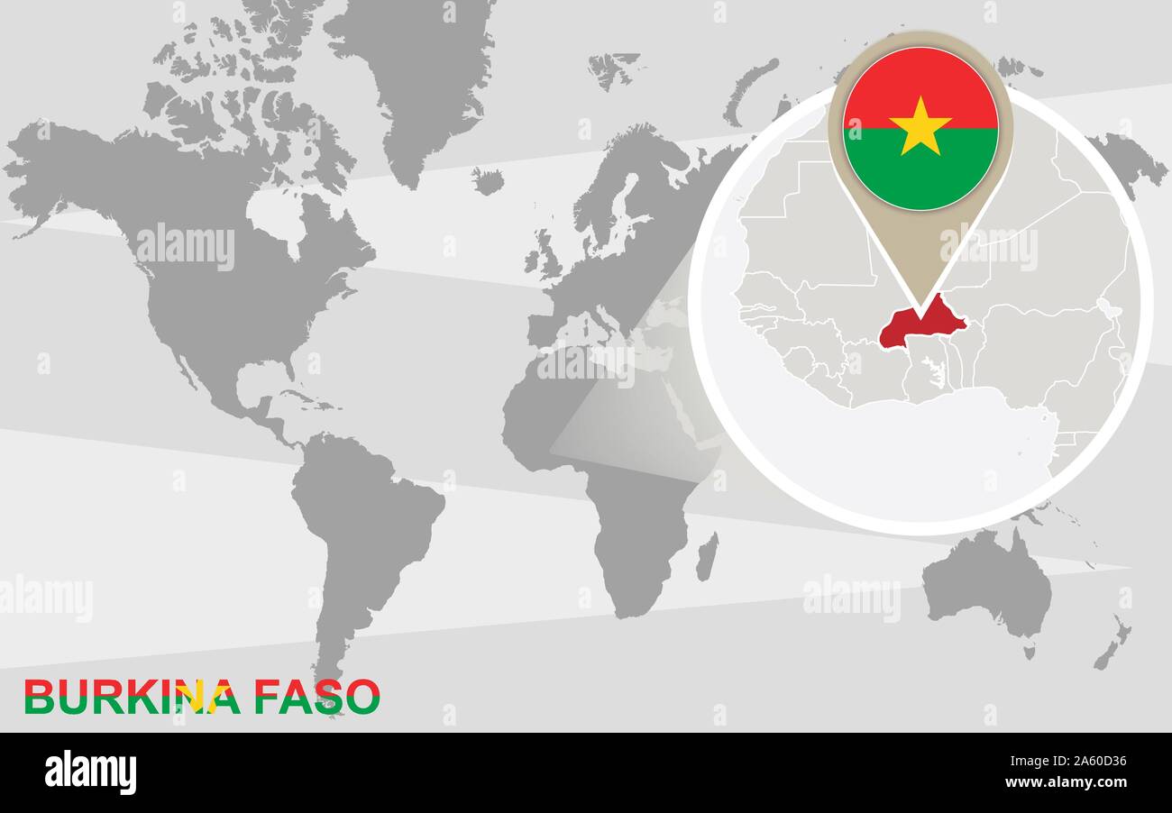 World map with magnified Burkina Faso. Burkina Faso flag and map Stock ...