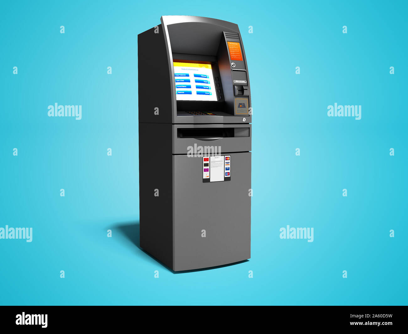 Modern ATM included for electronic money transfer 3d render on blue ...
