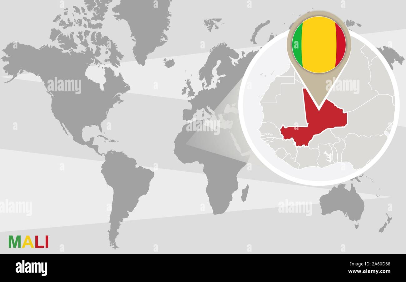 World map with magnified Mali. Mali flag and map Stock Vector Image ...