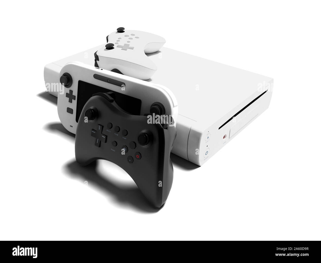 Modern white joysticks with video game console and portable game ...