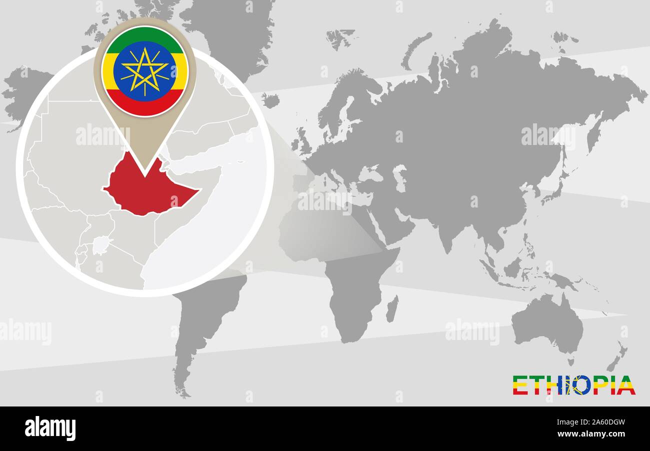 World map with magnified Ethiopia. Ethiopia flag and map Stock Vector ...