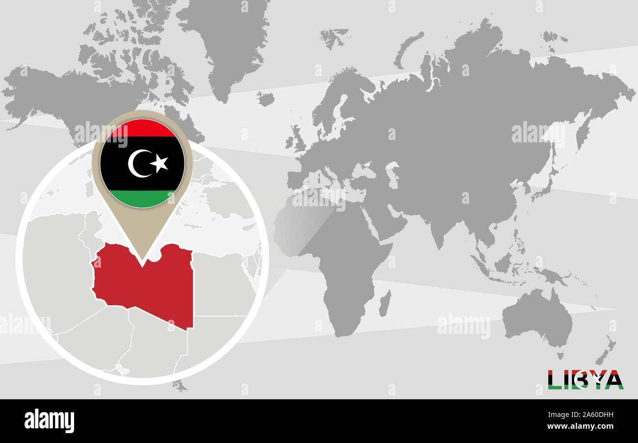 World map with magnified Libya. Libya flag and map Stock Vector Image ...