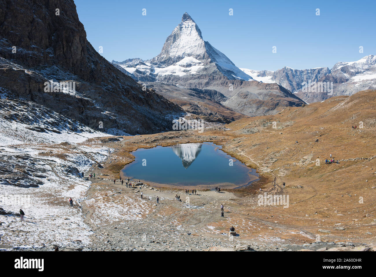 Riffelsee lake and the reflection from Matterhorn in the switzerland ...