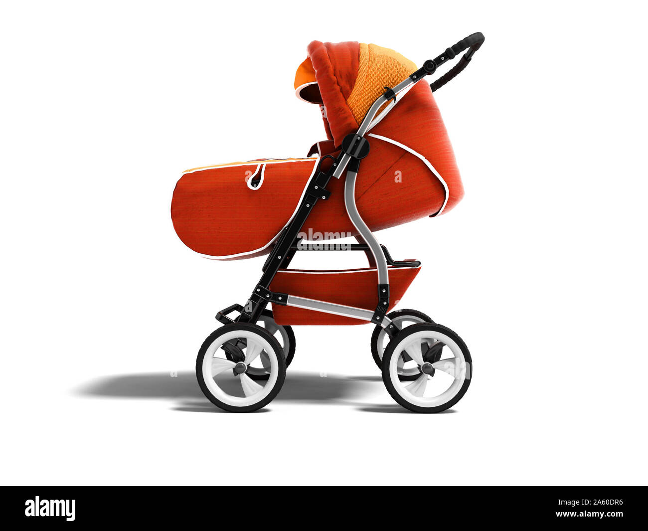 Modern orange stroller for child for autumn walks 3d render on white ...