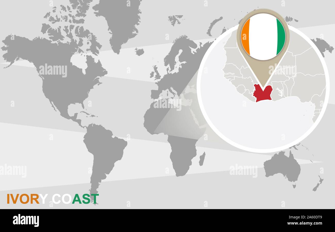 World map with magnified Ivory Coast. Ivory Coast flag and map Stock ...