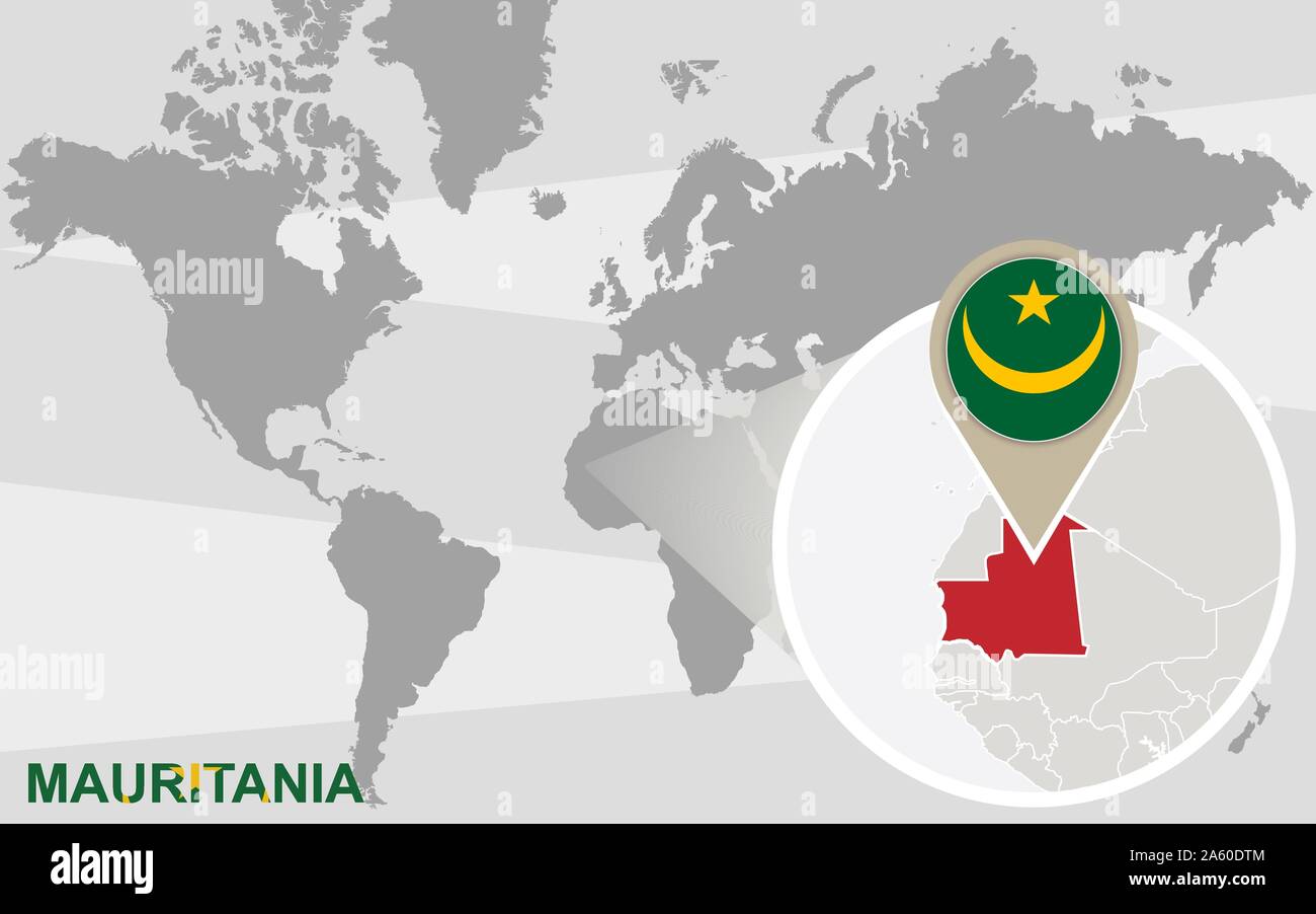 World map with magnified Mauritania. Mauritania flag and map Stock ...