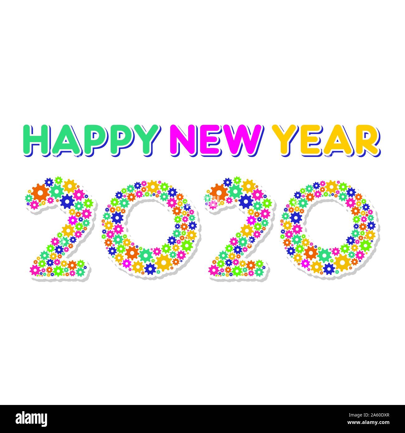 Happy new year 2020 card design, using with colorful mechanical gear ...