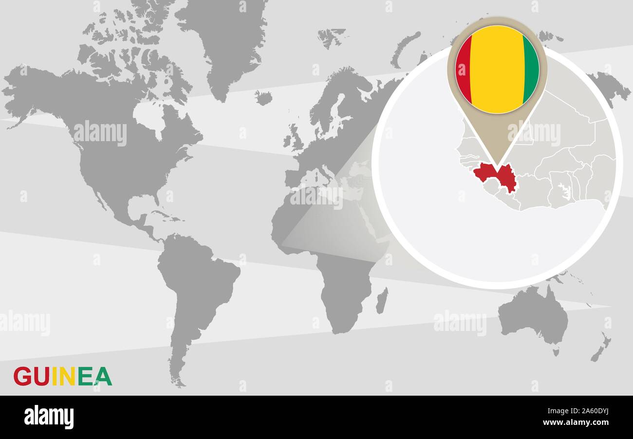 World map with magnified Guinea. Guinea flag and map Stock Vector Image ...