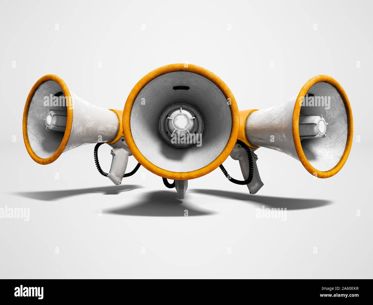 Group of speaker speakers white with yellow accents 3D render on gray ...