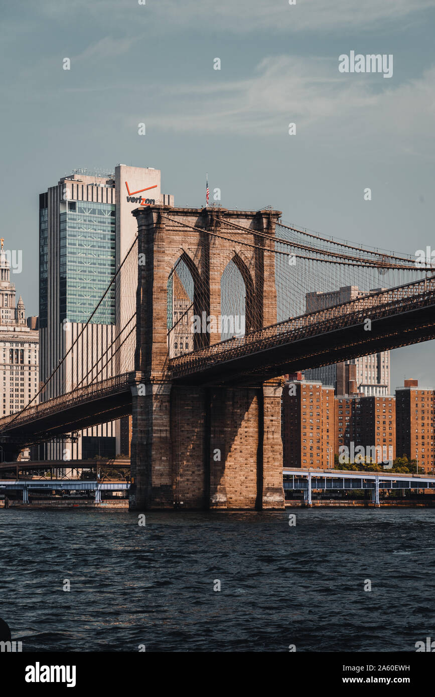 Panoramic view of the Brooklyn Bridge from the Dumbo riverside Stock ...
