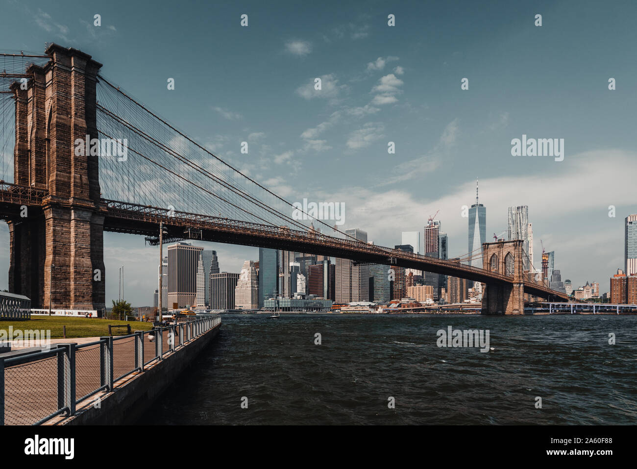 Panoramic view of the Brooklyn Bridge from the Dumbo riverside Stock ...
