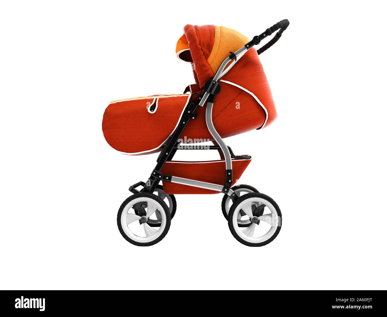 Modern orange stroller for child for autumn walks 3d render on white ...