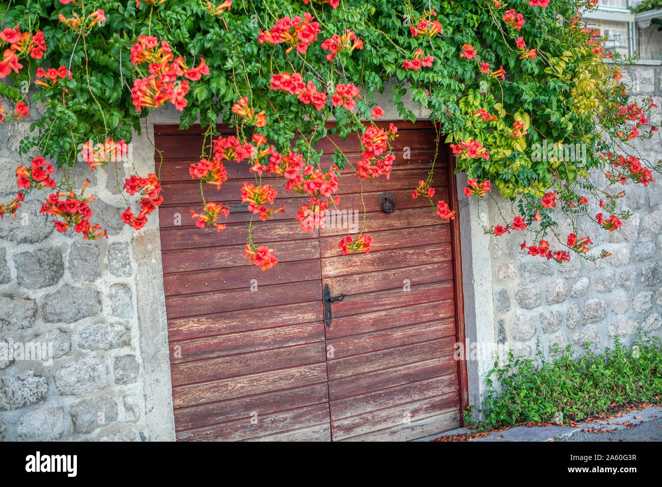 wooden gate decorated with flowers Stock Photo - Alamy