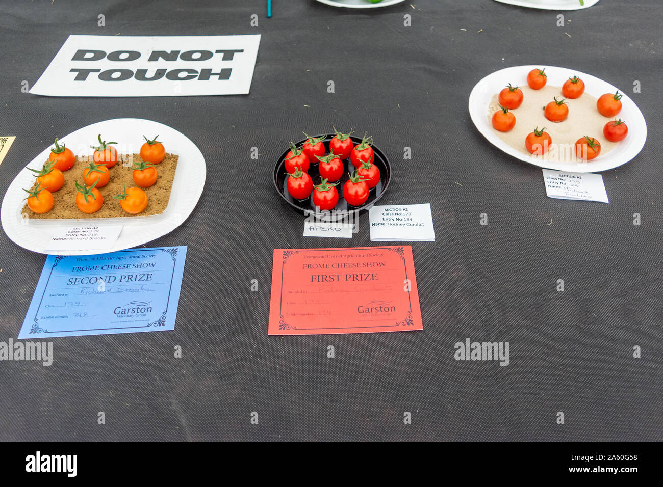 Entrants exhibits of nine cherry tomatoes with prize certificates in ...