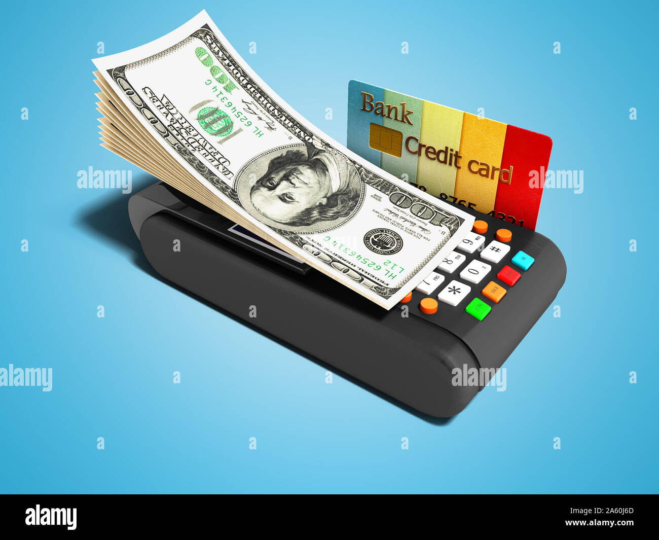 Credit card in the terminal with dollars on top of 3d render on blue ...
